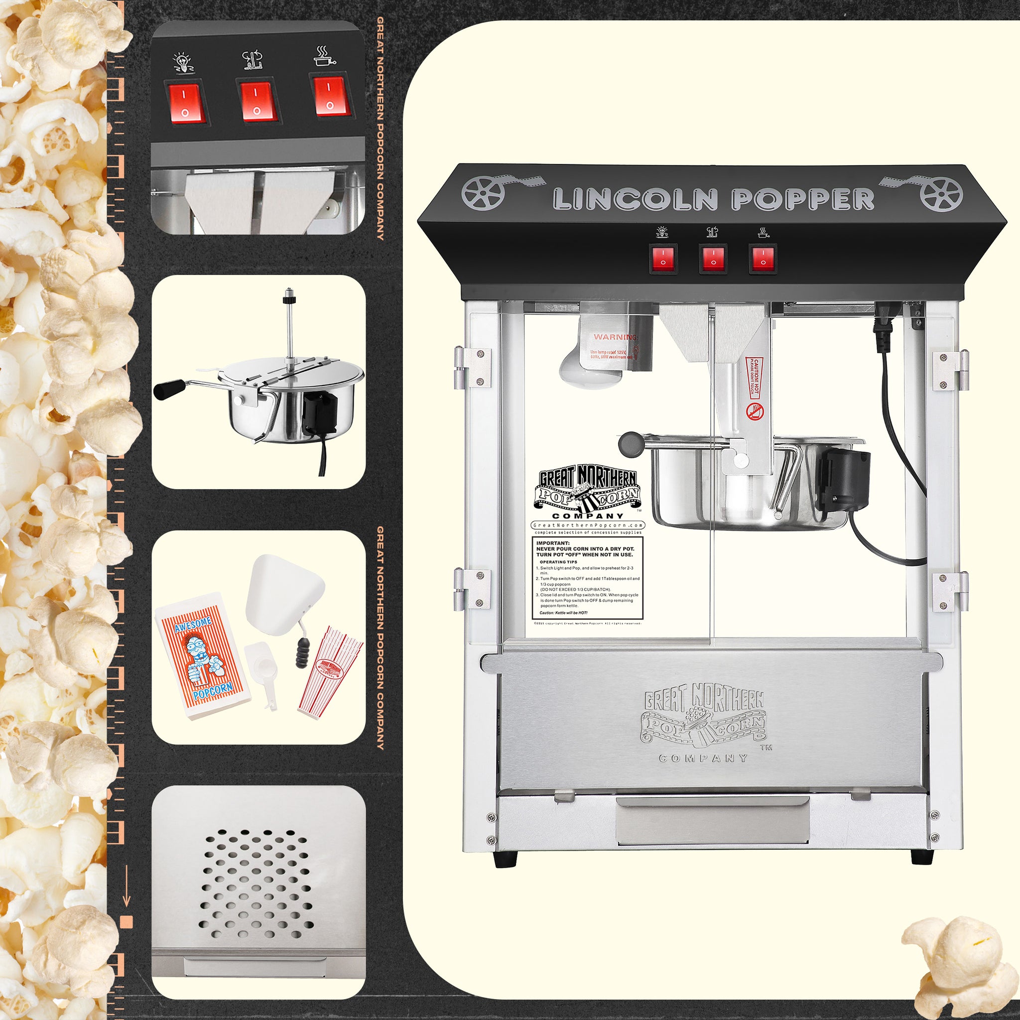 Lincoln Popcorn Machine - 8oz Popper with Stainless-Steel Kettle ...